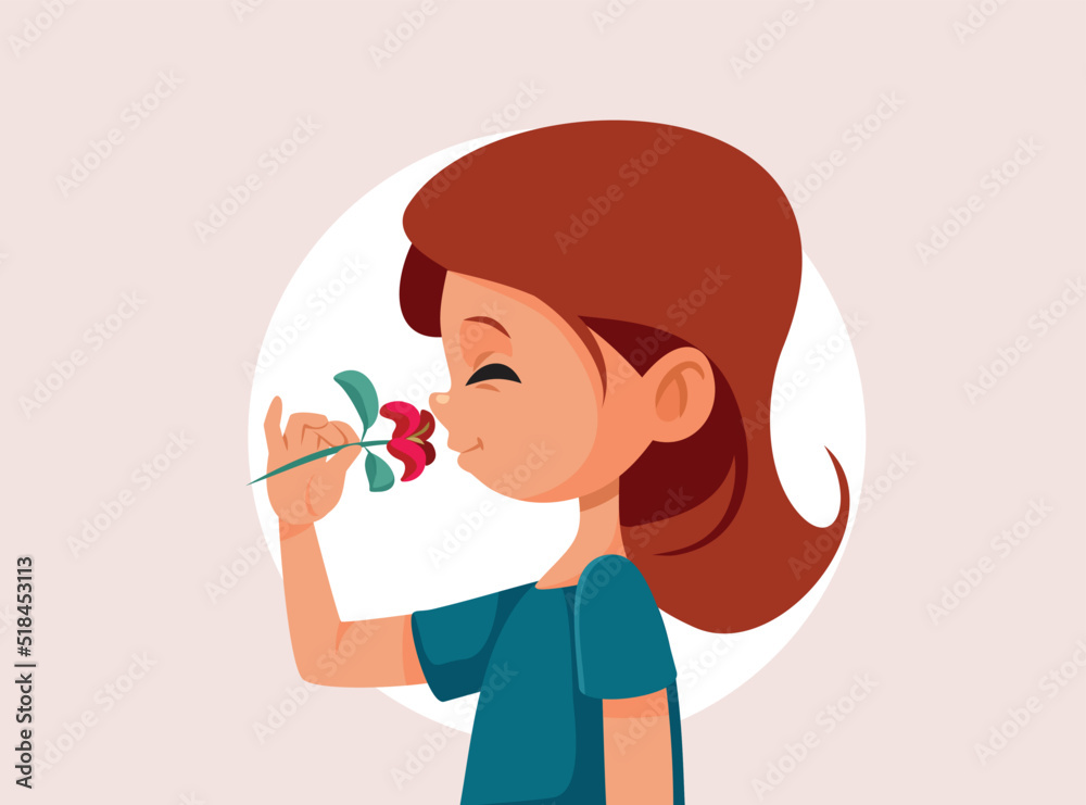 Cute Little Girl Smelling a Flower Vector Cartoon Illustration. Child ...