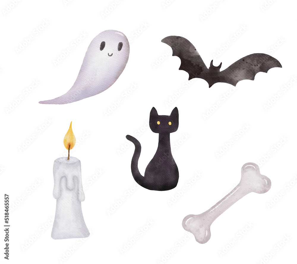 Watercolor ghost, bat and black cat. Set of Illustrations for Halloween ...