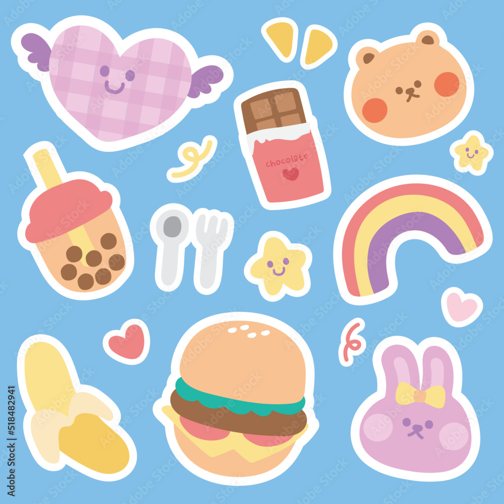 Cute sticker hand drawn cartoon.Animal and food concept.Rabbit,bear ...