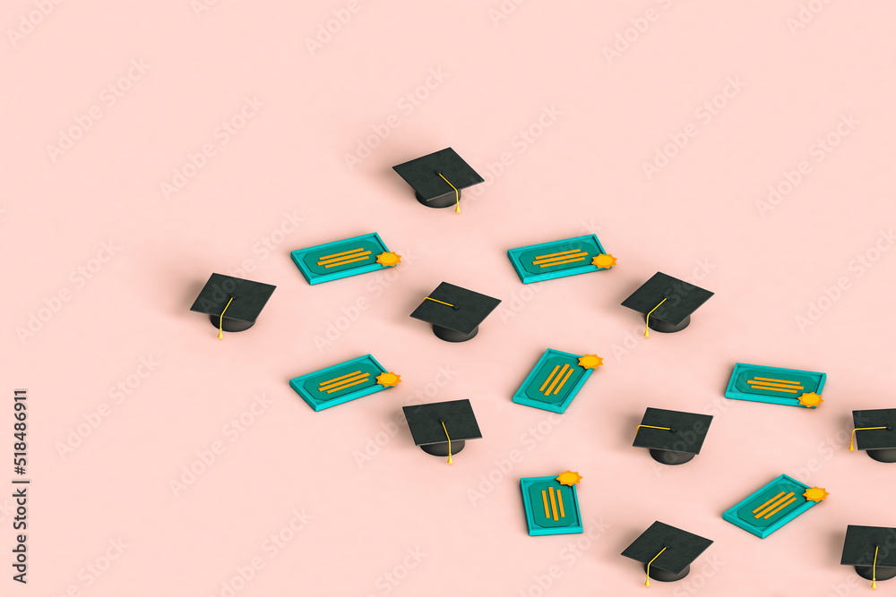 rows of graduation cap and diplomas. 3d rendering Stock Photo | Adobe Stock