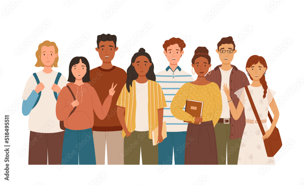 Group of students stand together flat vector illustration. Young girls ...
