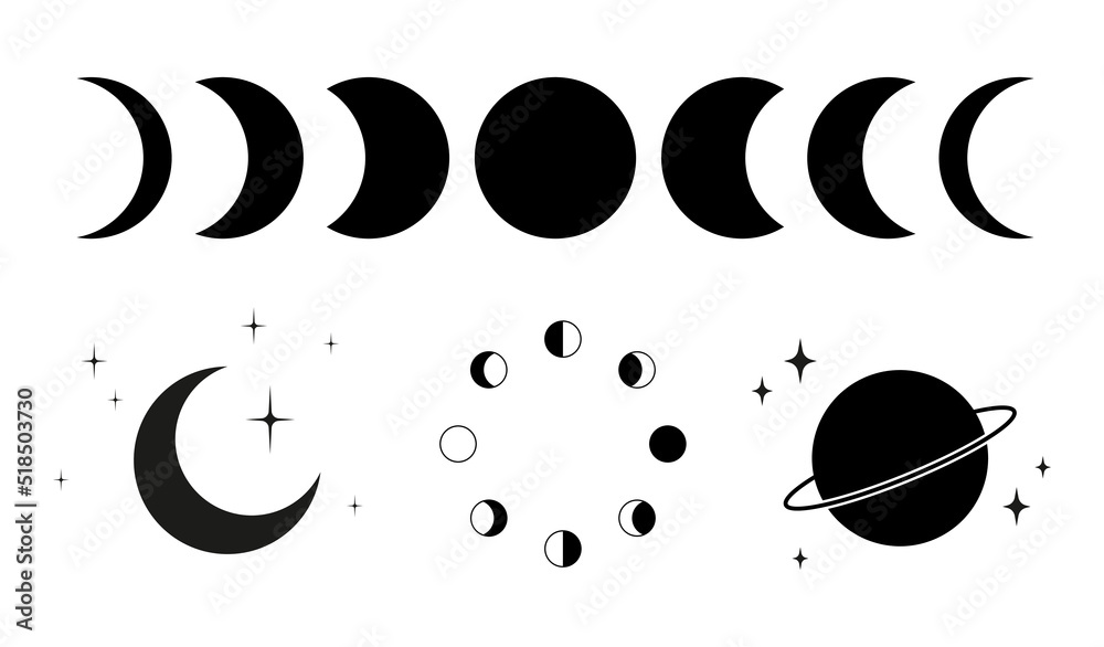 Set with moon, stars, planet. Composition with stars. Moon phases ...