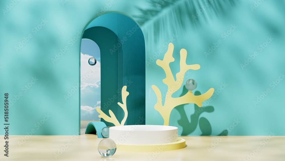 3d background with arches, glass balls and seaweed, cloud and blue ...