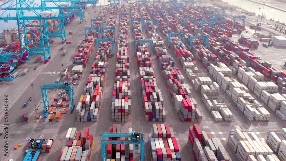4K Modern industrial port with containers from top view or aerial view ...