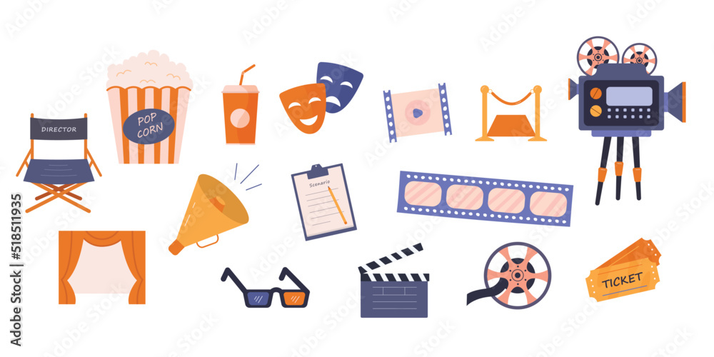 Collection of colorful cinema elements of cinematography. Hand drawn ...