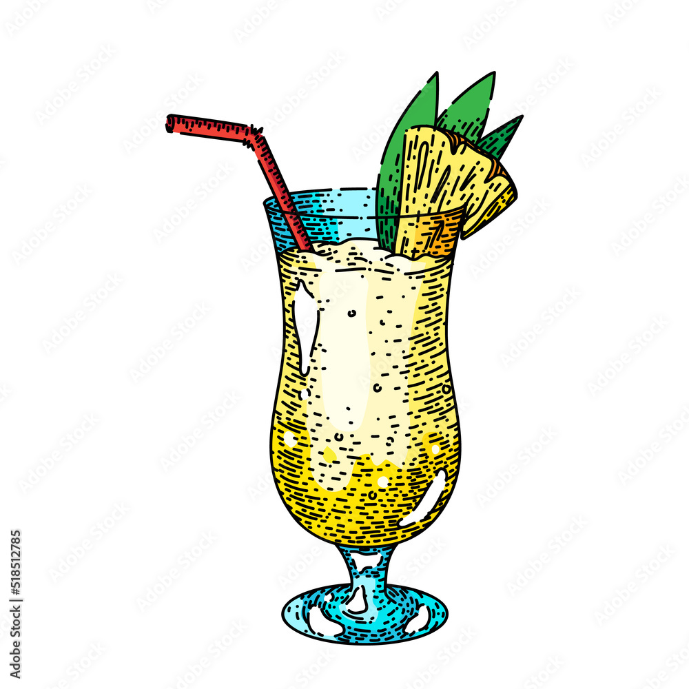 pina colada cocktail hand drawn vector. pineapple drink, rum glass ...