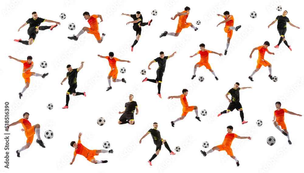 Collage made of dynamic images of male professional football soccer ...
