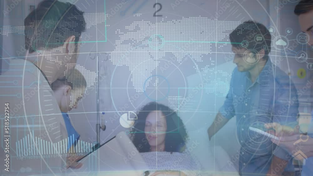 Animation of world map and viewfinder over diverse doctors and female ...