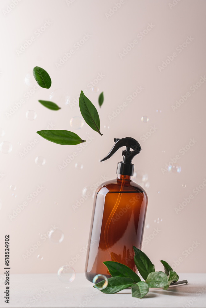 Zero waste aesthetic, housekeeping cleaning concept. Spray in dark ...