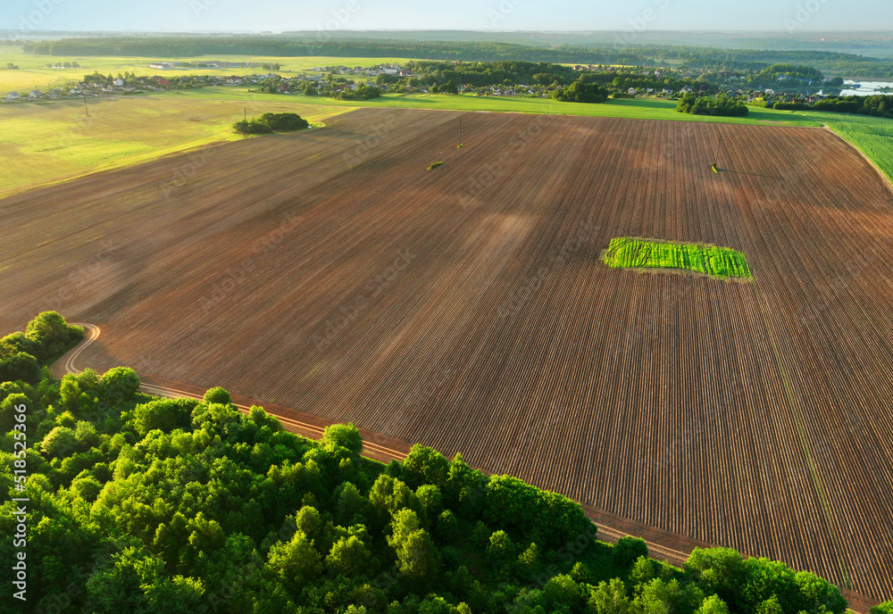 Agriculture fields, drone view. Arable land ploughed and soil Tillage ...