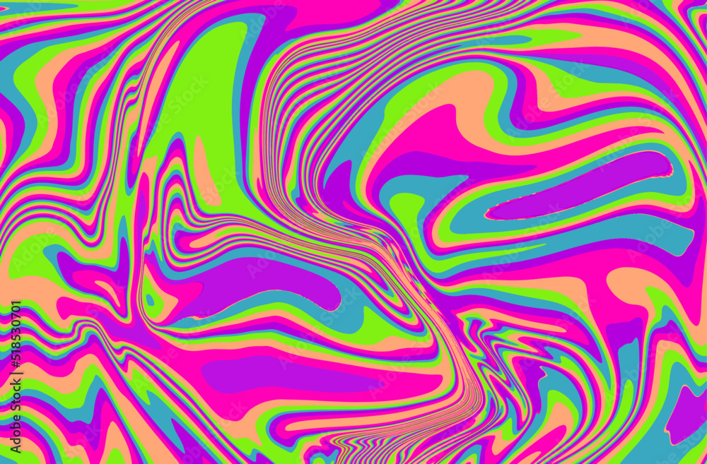 The 1970s-style wavy retro background in a psychedelic bright acidic ...