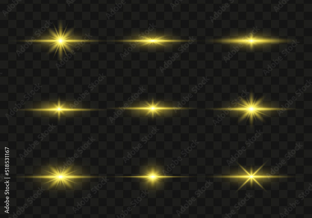 Set of bright yellow flashes, lights and sparks on a transparent ...