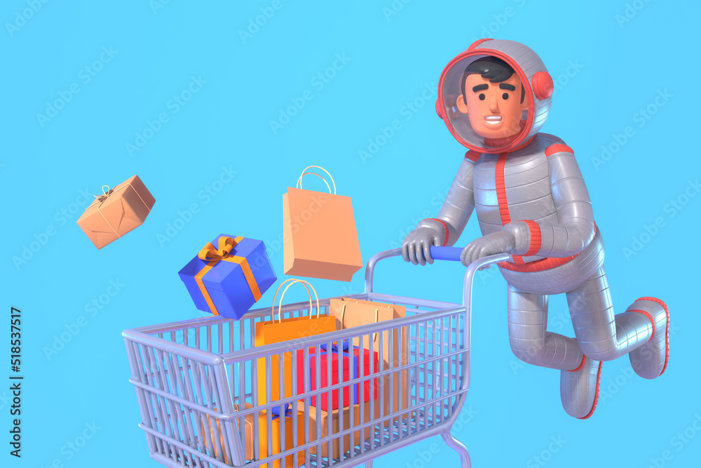 3d render of cheerful astronaut in space suit with shopping cart, space ...