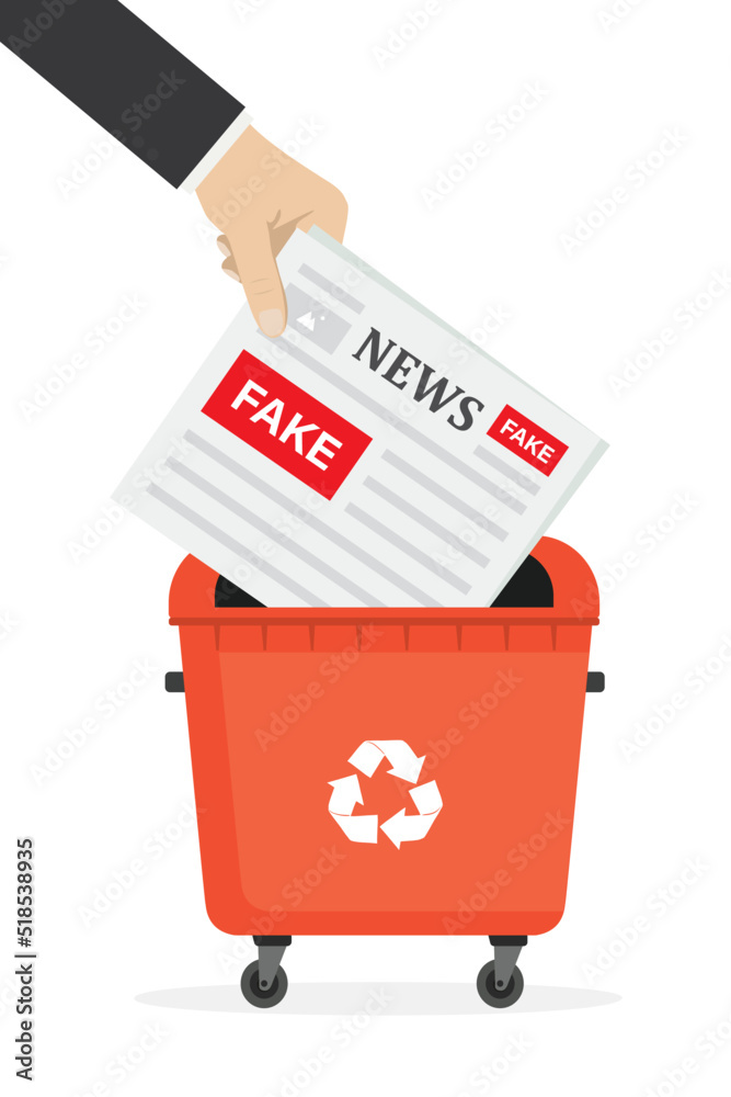 Reader throws newspaper with fake news into red garbage can. Social ...