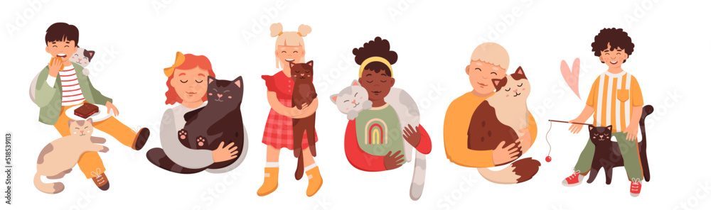 Happy kids play, care and hug cute cats set vector illustration ...