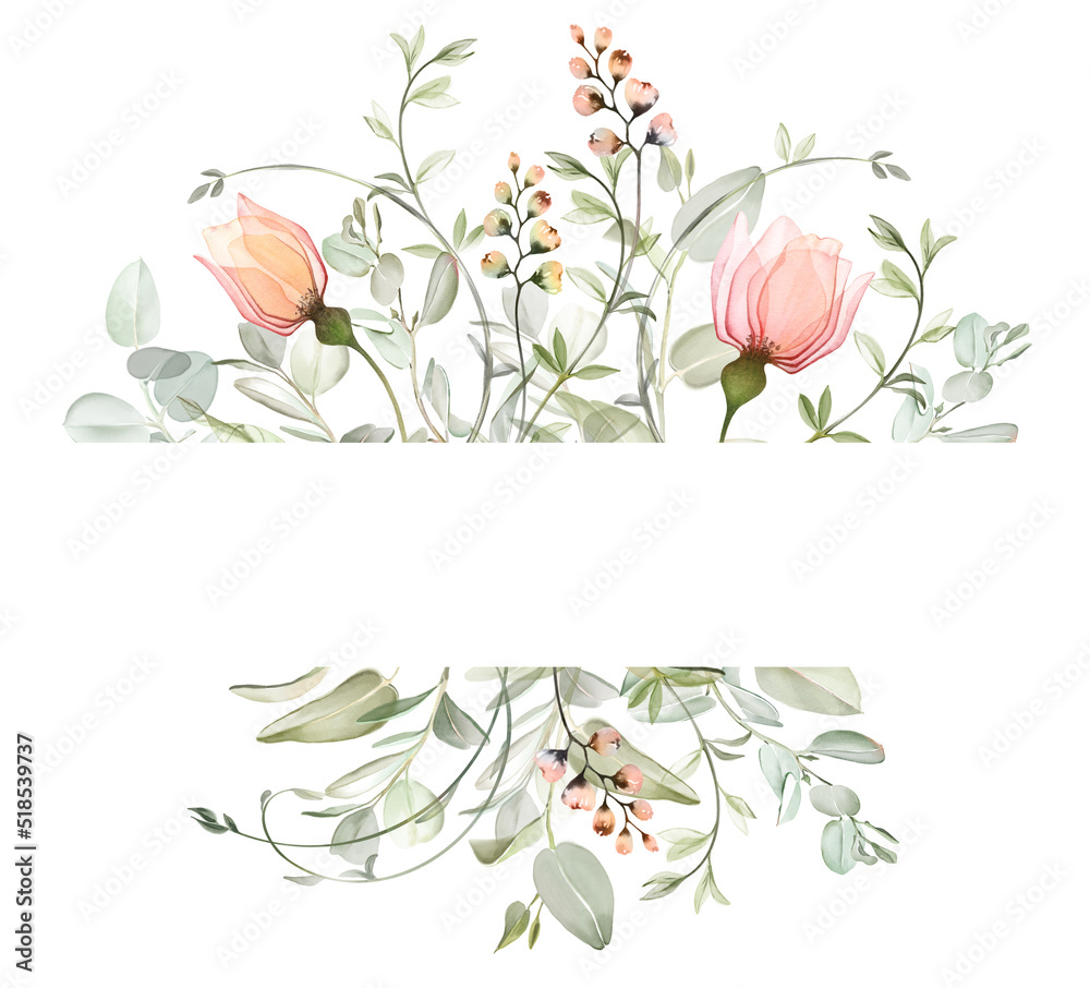 Watercolor floral banner with place for text. Bouquet with big pink ...