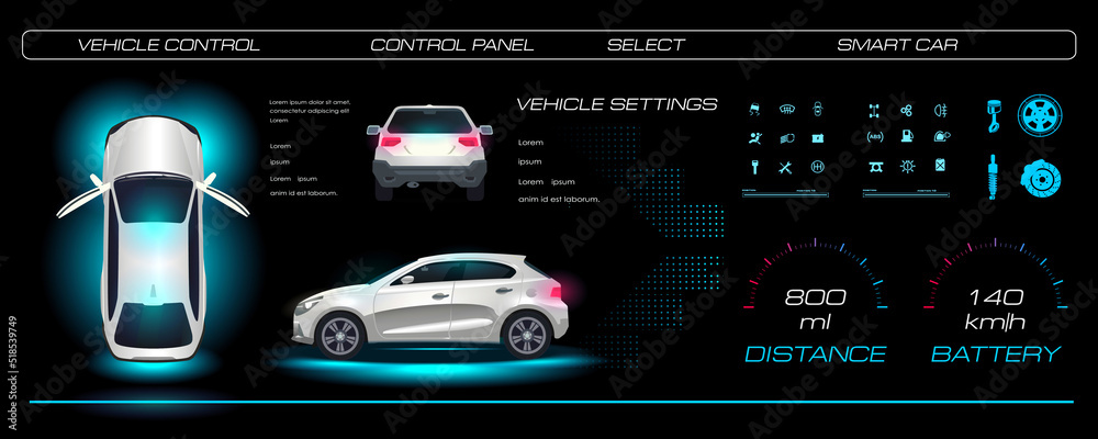 Automotive interface. Realistic car with navigation and options on a ...