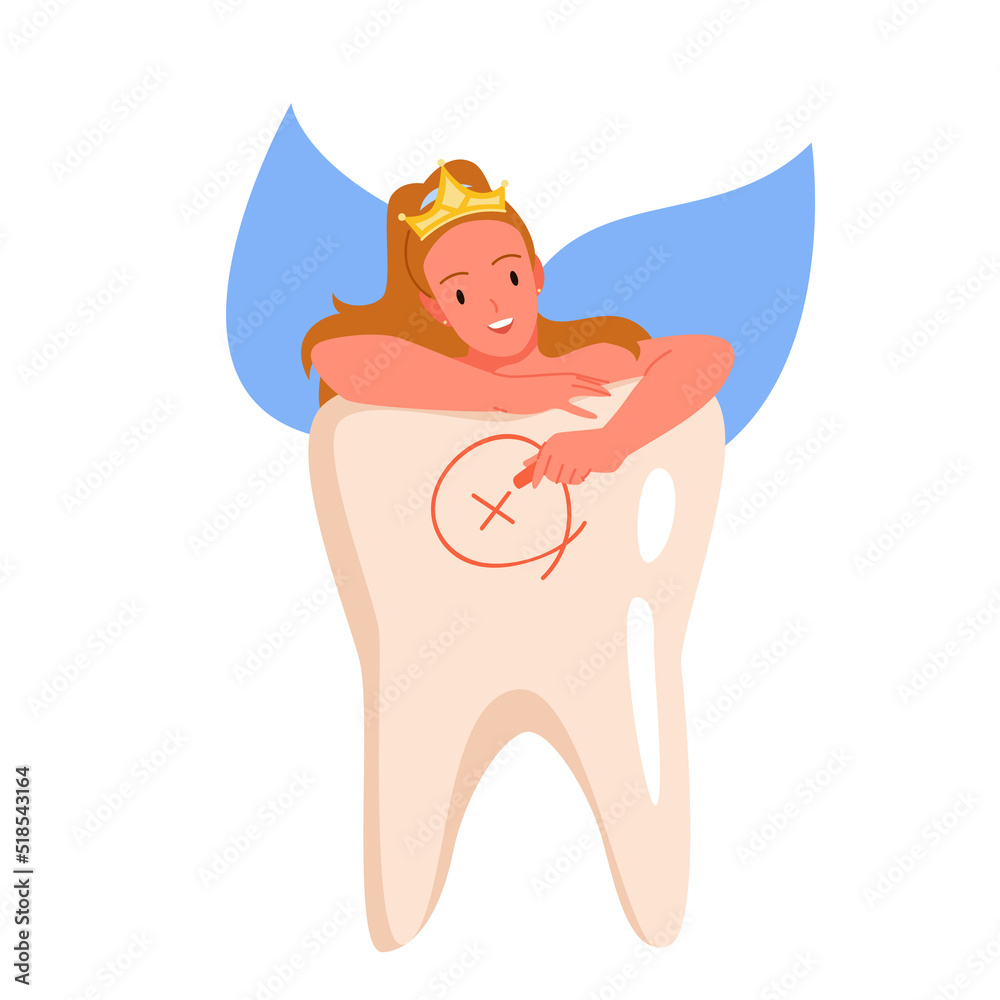 Tooth fairy holding fallen out tooth. Night flying creature, childhood ...
