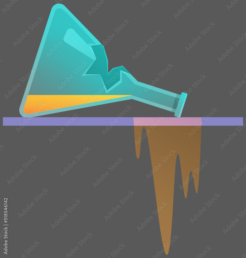 Broken laboratory beaker lies on table with flowing liquid. Test tube ...
