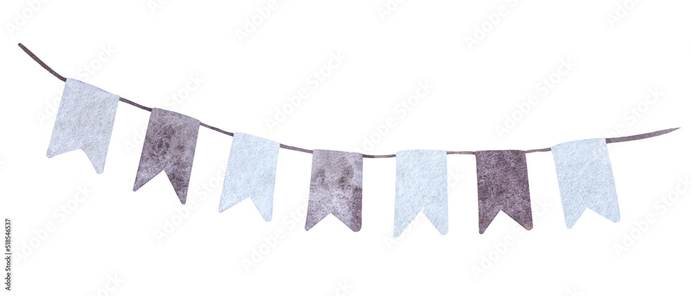 Watercolor painted paper garland with purple flags isolated on a white ...