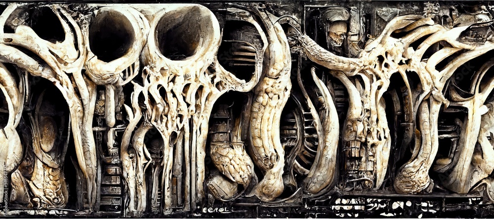 Macabre bone wall in ivory white, interconnected skeletal rib cage ...