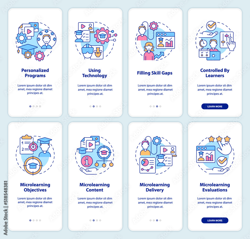 Microlearning approach onboarding mobile app screen set. E learning ...