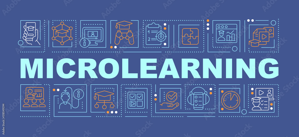 Micro learning word concepts dark blue banner. Bite-sized training ...