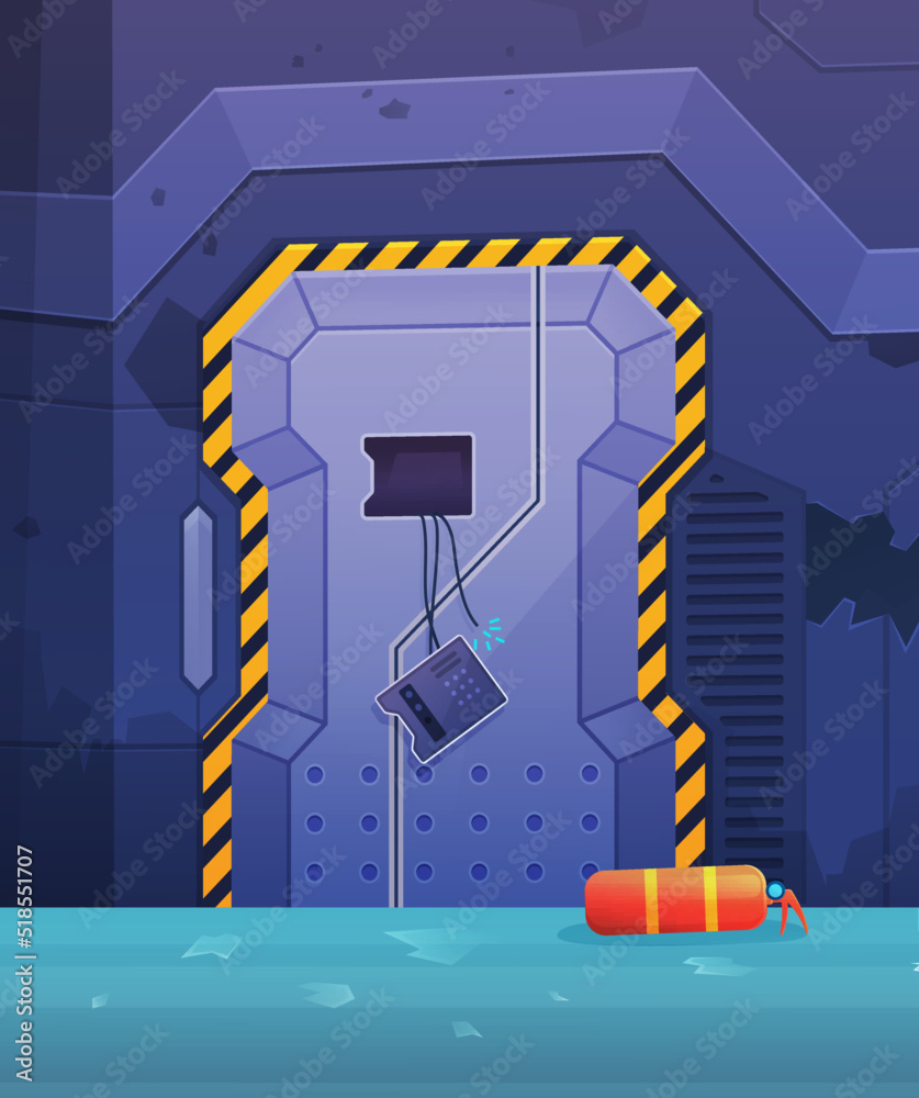 Futuristic hallway with broken combination lock panel elevator doors at ...