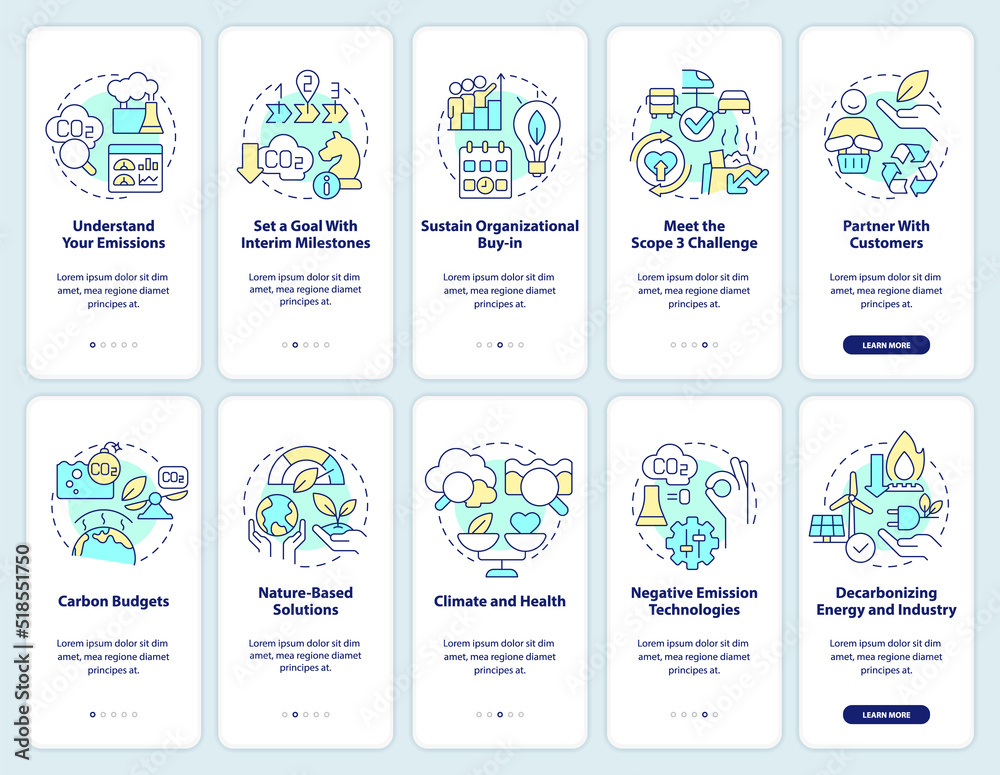 Transforming To Net Zero Onboarding Mobile App Screen Pollution Walkthrough 5 Steps Editable