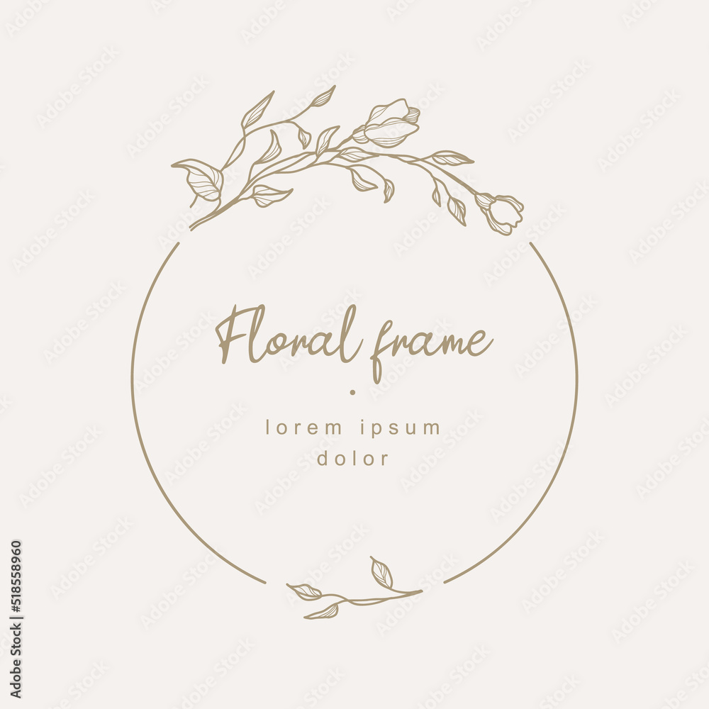 Elegant circle floral frame. Hand drawn logo template in line art with ...