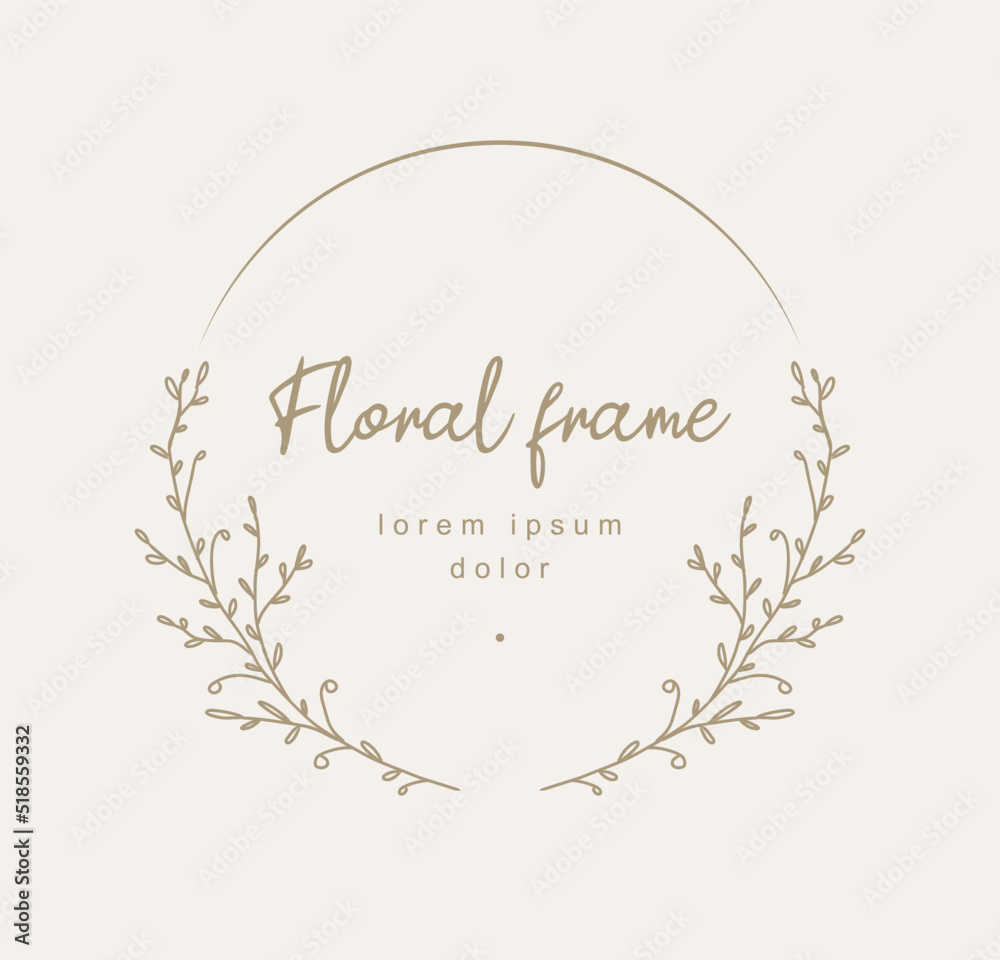 Elegant circle floral frame. Drawn logo template in minimal line art ...