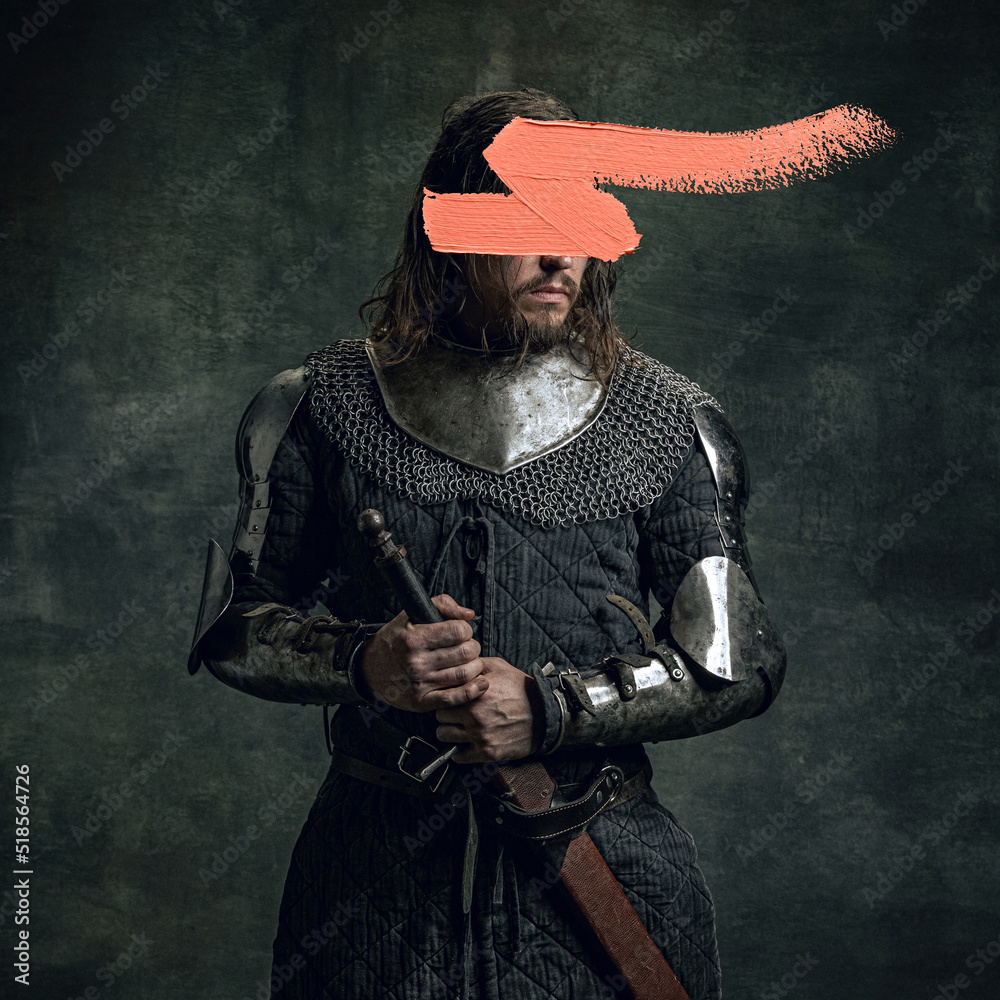 Artwork. Young man as medieval warrior, knight isolated on dark vintage ...