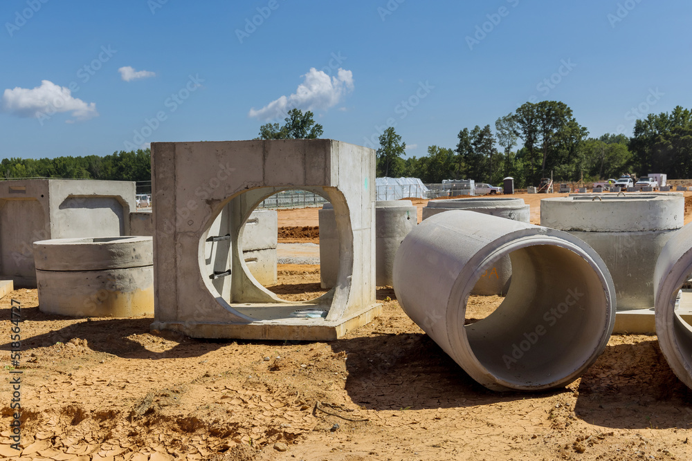 Large cement sewage pipes for industrial buildings were with concrete ...