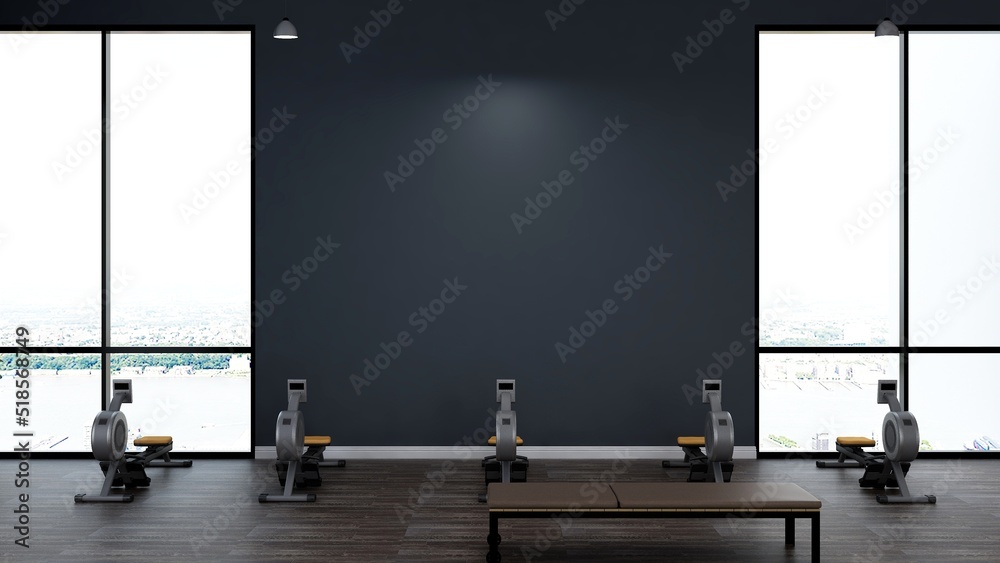 Black blank wall in modern gym interior with wooden floor Stock ...