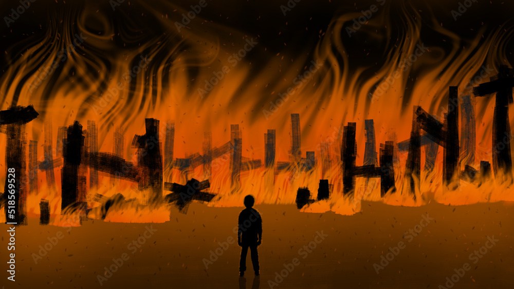 A silhouette of a man standing watching his village burn. Digital art ...
