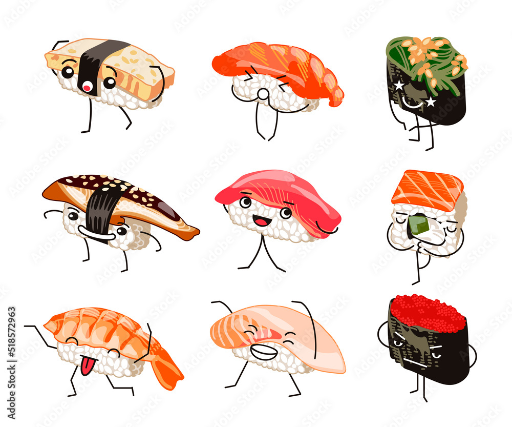 Sushi with funny face expressions set. Rolls and sashimi emoji ...