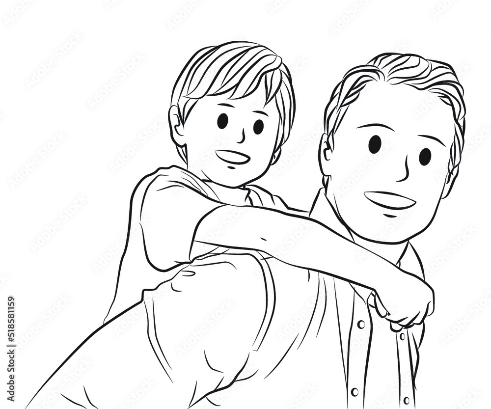 Father give his son piggyback ride outline people cartoon illustration ...