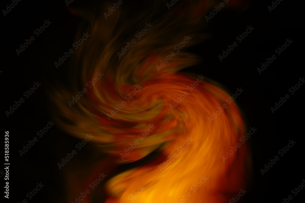 Curling clouds of orange with red smoke on a black background. An ...