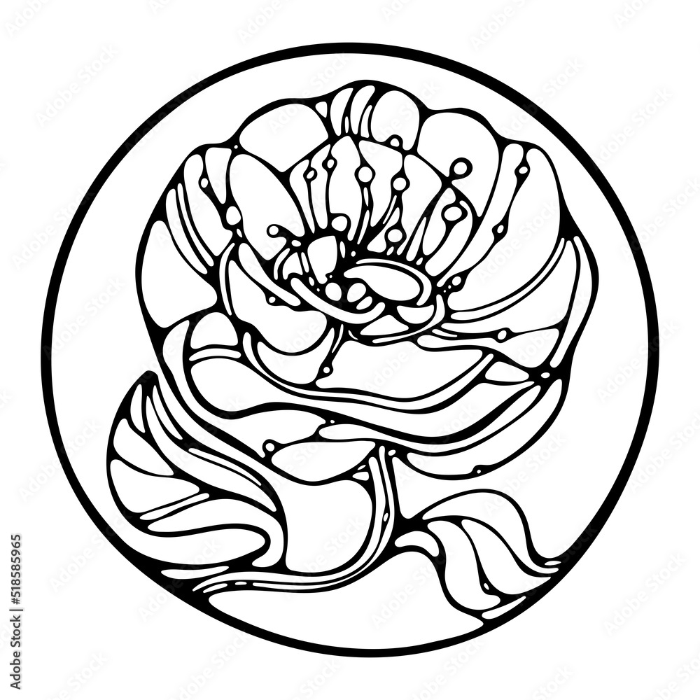 Flower outline in circle Hand-drawn Vector Illustration. Coloring book ...