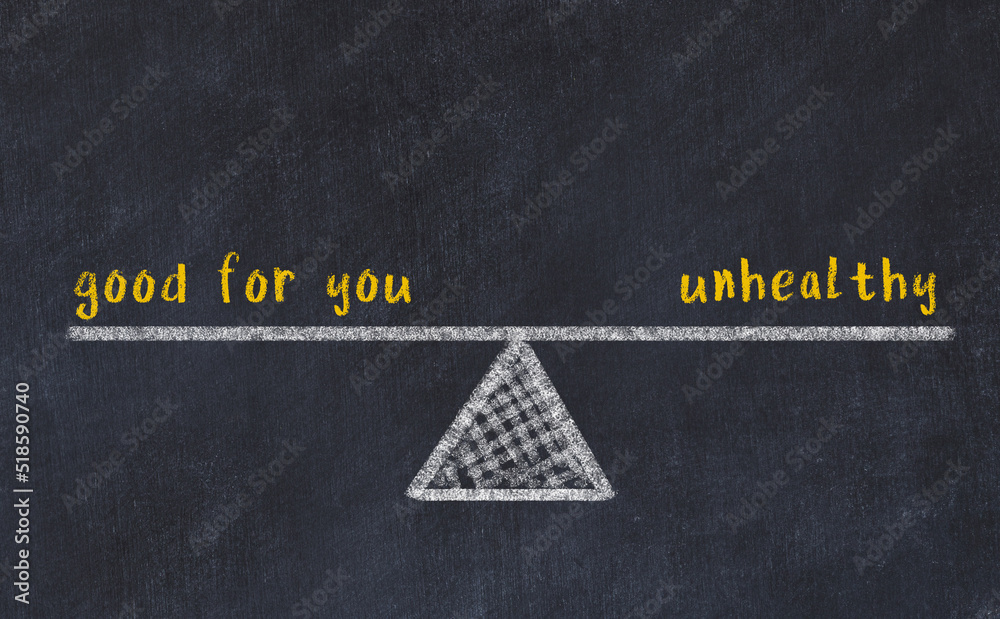 Chalk drawing of scales with words good for you and unhealthy. Concept ...