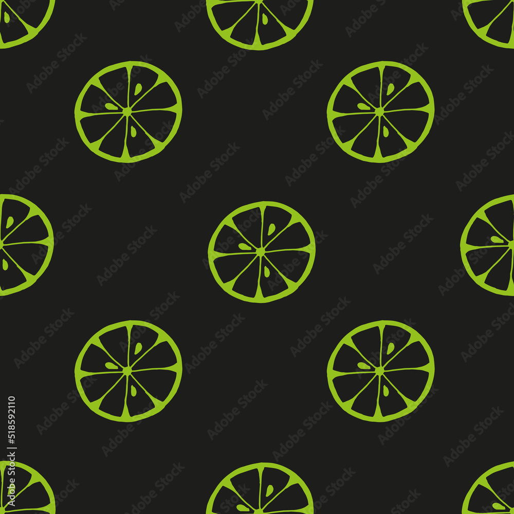 Seamless pattern with lime slices drawn with green marker on black ...