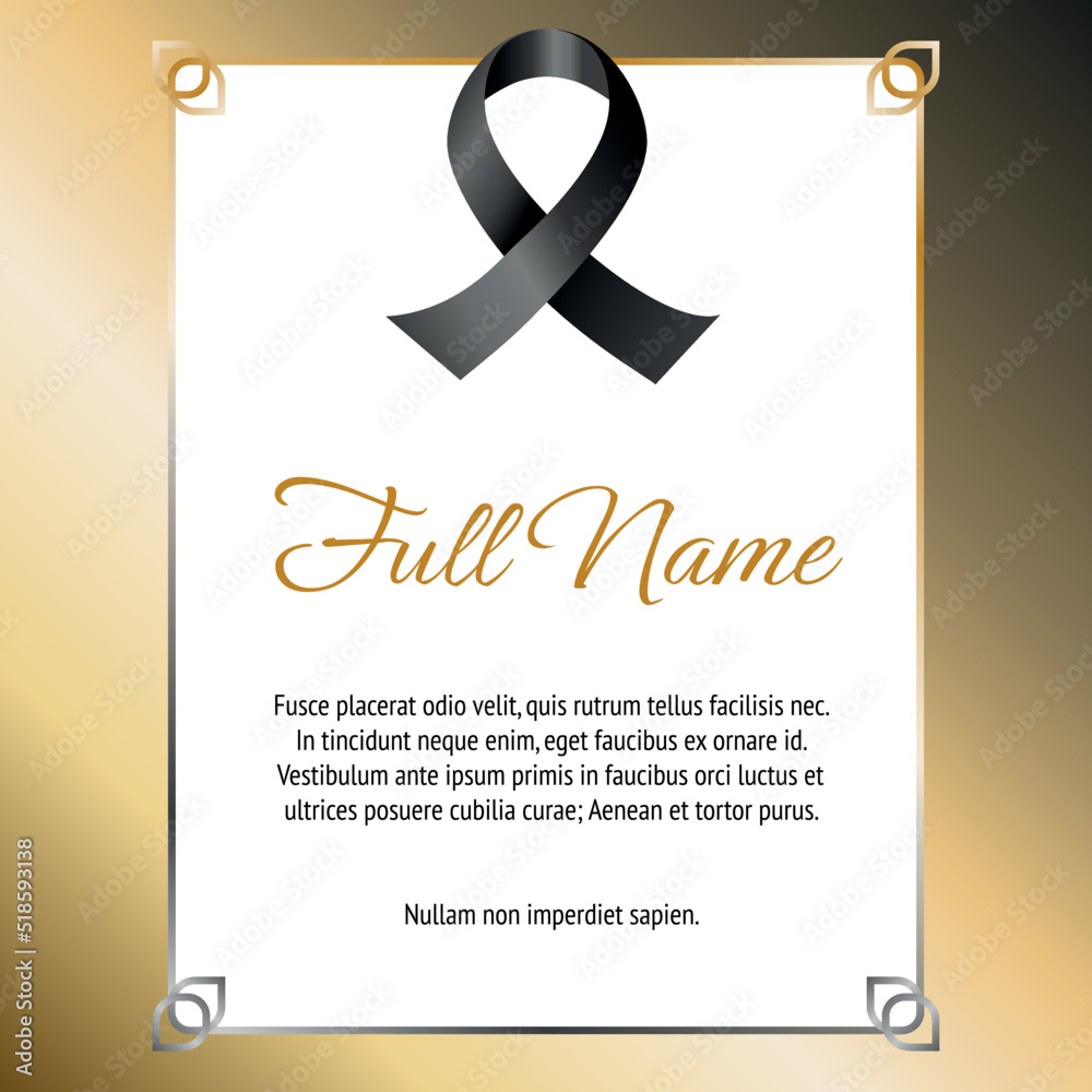 funeral card template with black ribbon and golden background Stock ...