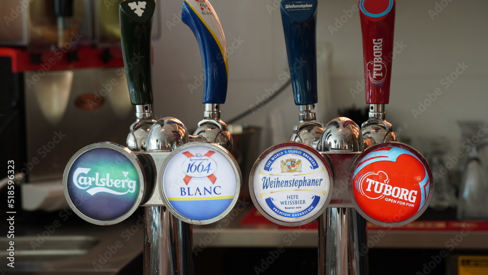 Ein-Bokek, Israel - JULY 6:Bar pumps for dispensing draught beer from ...