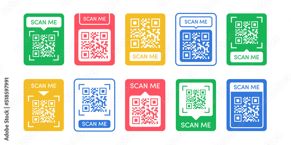 Qr code vector template set color style. Scan me tag. Qr code mock up. Barcode smartphone id ...