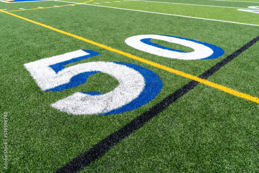 Synthetic turf football 50 yard line in white with royal blue shadow ...