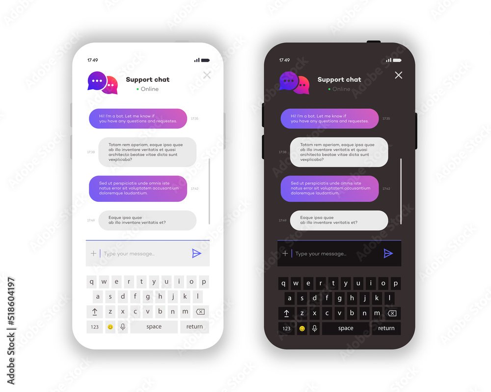 Online chat windows mobile app set white and dark theme isolated on white background. Social ...