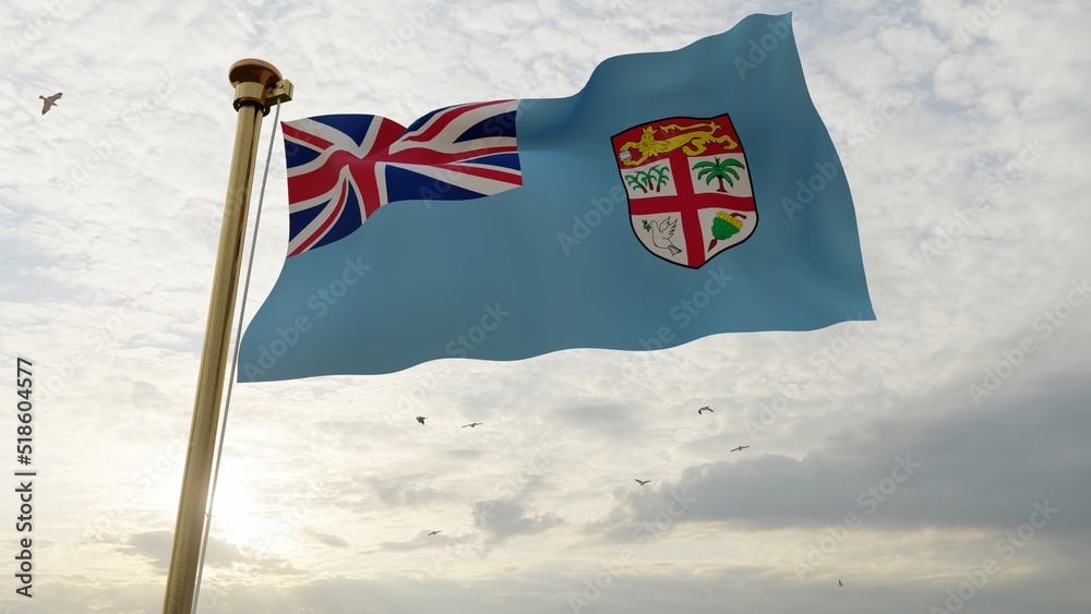 Flag of Fiji national flag waving in the wind, sky and sun background ...