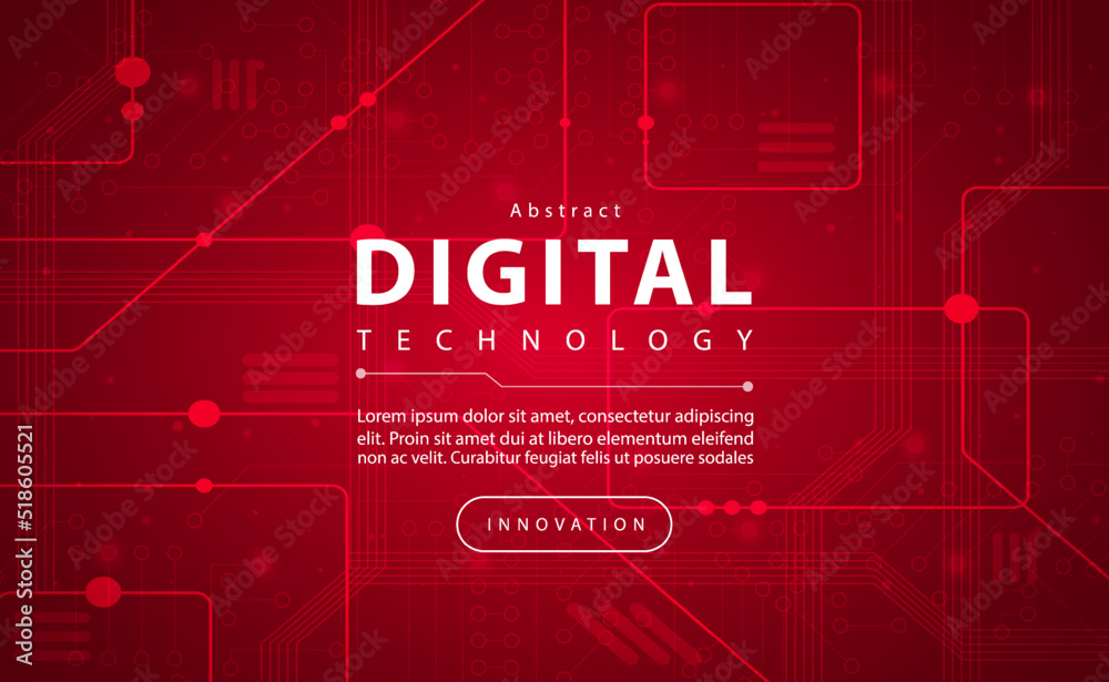 Digital technology banner red background concept with technology light ...