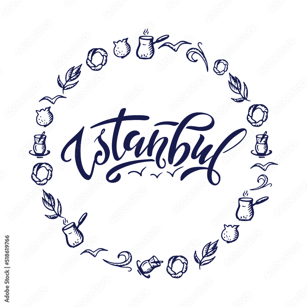 Istanbul. Vector hand lettering. Blue letters in a circle made of ...