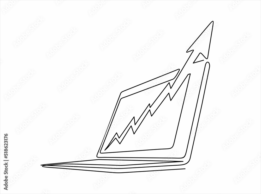 continuous one line vector drawing of laptop with graph and up arrow ...